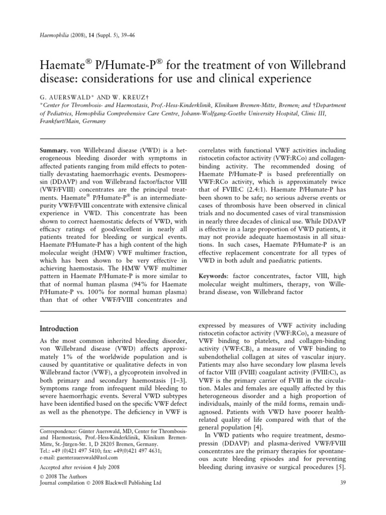 Haemate P/Humate-P For The Treatment of Von Willebrand Disease ...