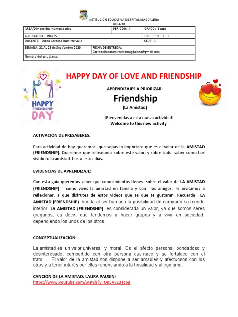 Actividad sobre la Amistad en Inglés | PDF