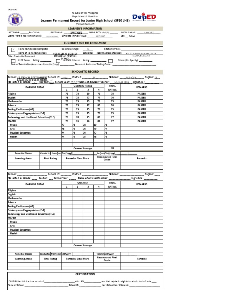 Learner Permanent Record For Junior High School (SF10-JHS) | PDF | Learning | Behavior Modification