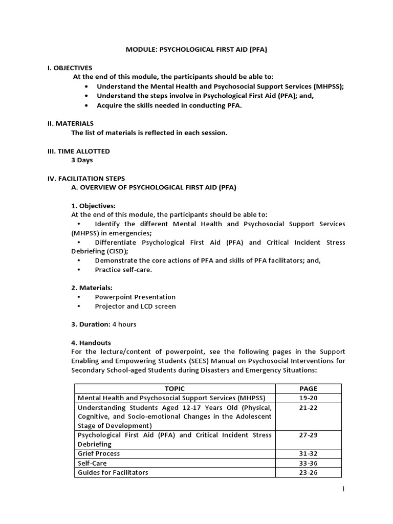 02 - PFA Training - Attachment 2.2 - Session Guide | PDF | Psychosocial ...