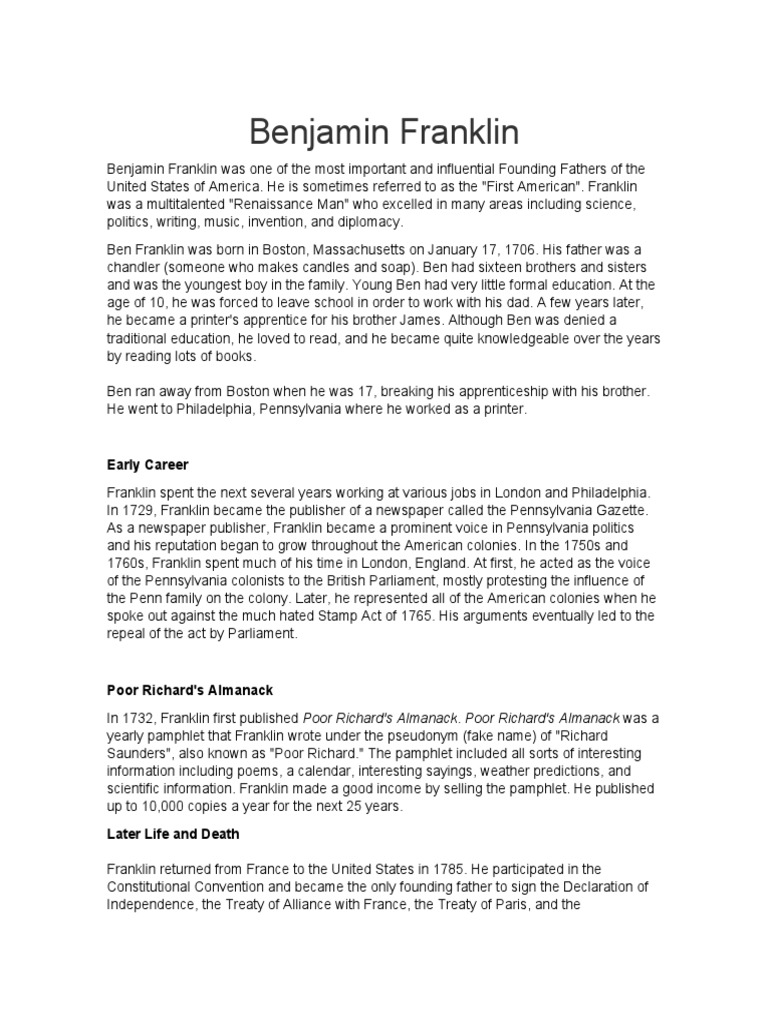 Benjamin Franklin: Early Career | PDF | Benjamin Franklin