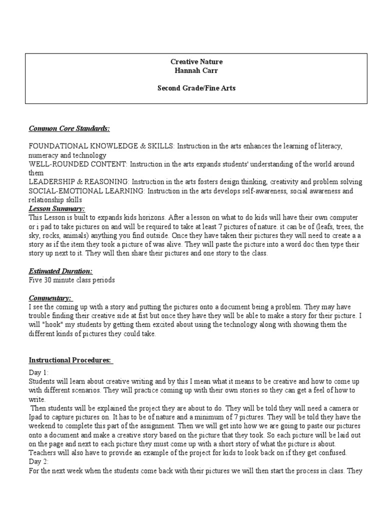 Creative Nature Hannah Carr Second Grade/Fine Arts: Common Core ...