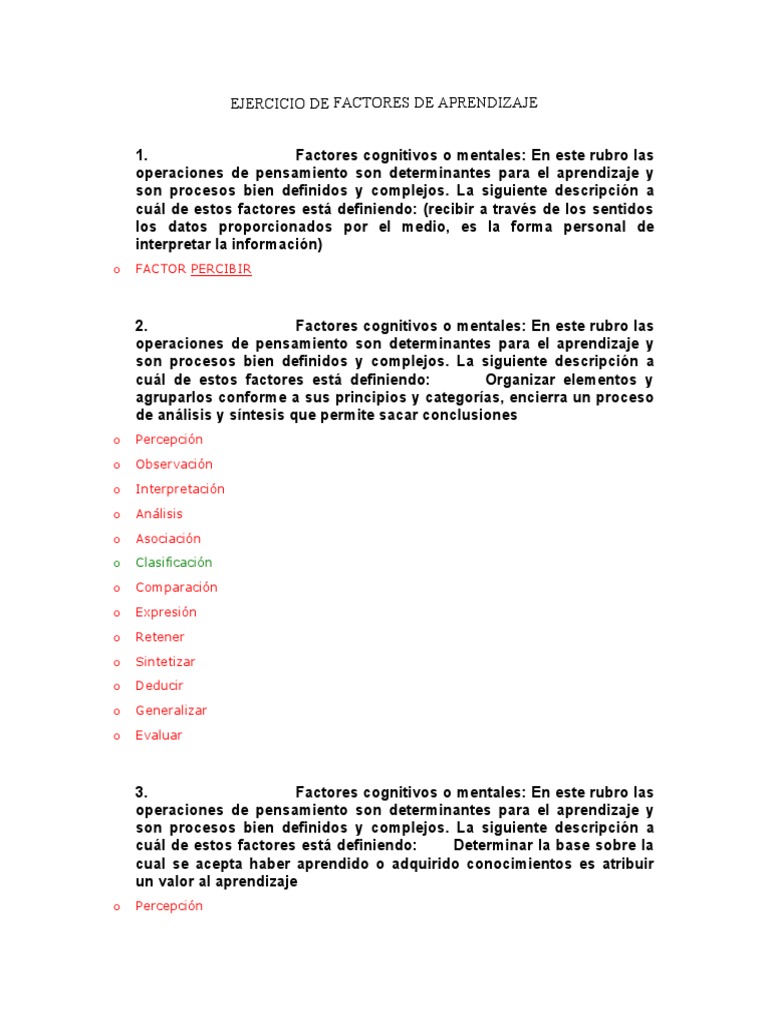 Ejercicio Factores de Aprendizaje | PDF | Mente | Percepción