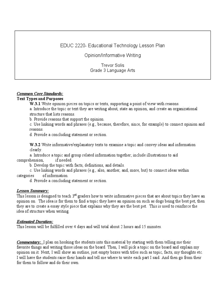 EDUC 2220-Educational Technology Lesson Plan Opinion/Informative ...