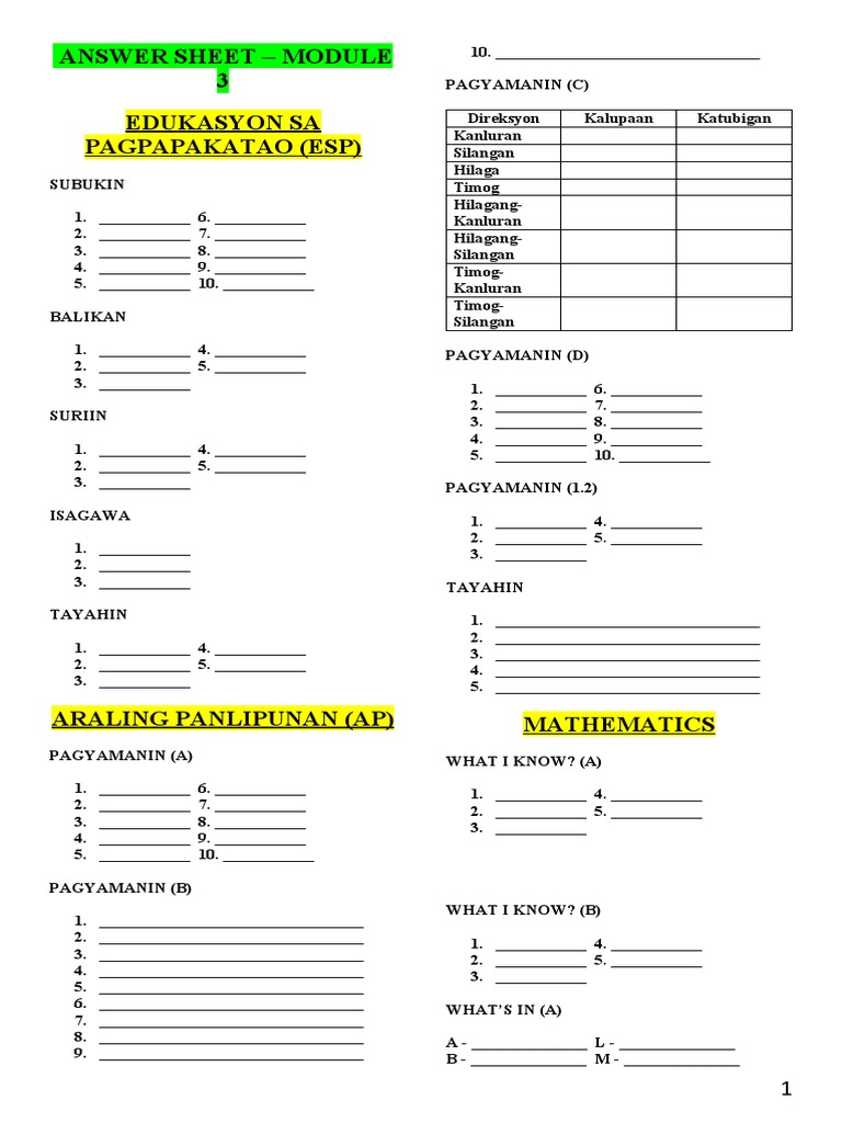 Answer Sheet - Module 3 Edukasyon Sa Pagpapakatao (Esp) | PDF