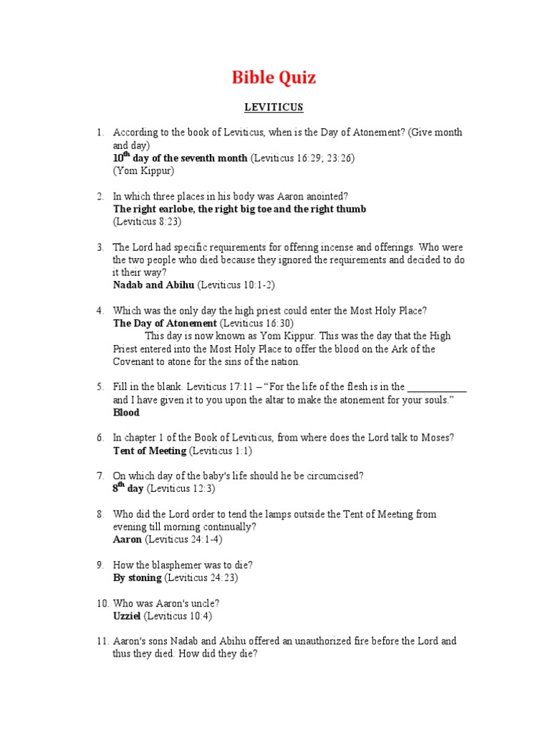 Leviticus Quiz Questions & Answers | PDF