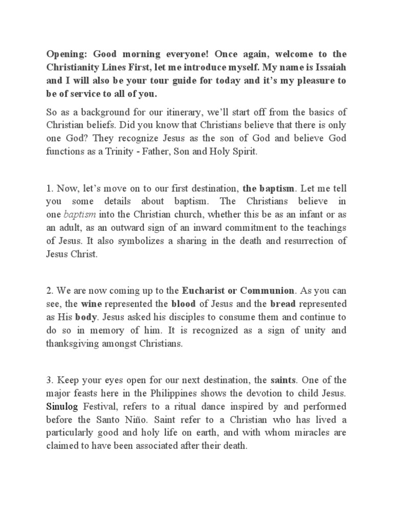 Tour Guide Script | PDF | Eucharist | Baptism