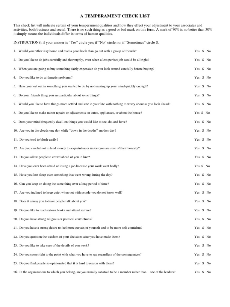 Temperament Assessment Checklist | PDF | Extraversion And Introversion ...