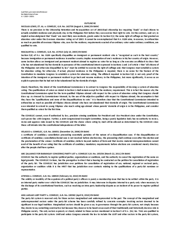Election Law Case Summaries 2020-2021 | PDF | Domicile (Law) | Probable ...
