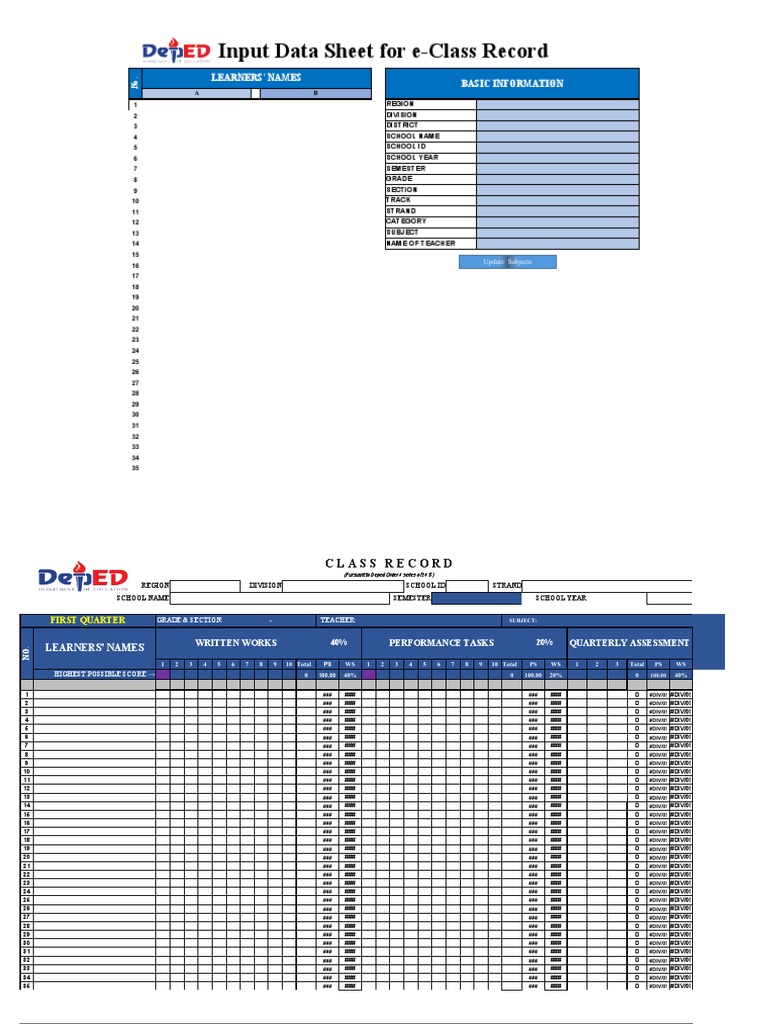 Input Data Sheet For E-Class Record: Learners' Names Basic Information | PDF | Science | Learning