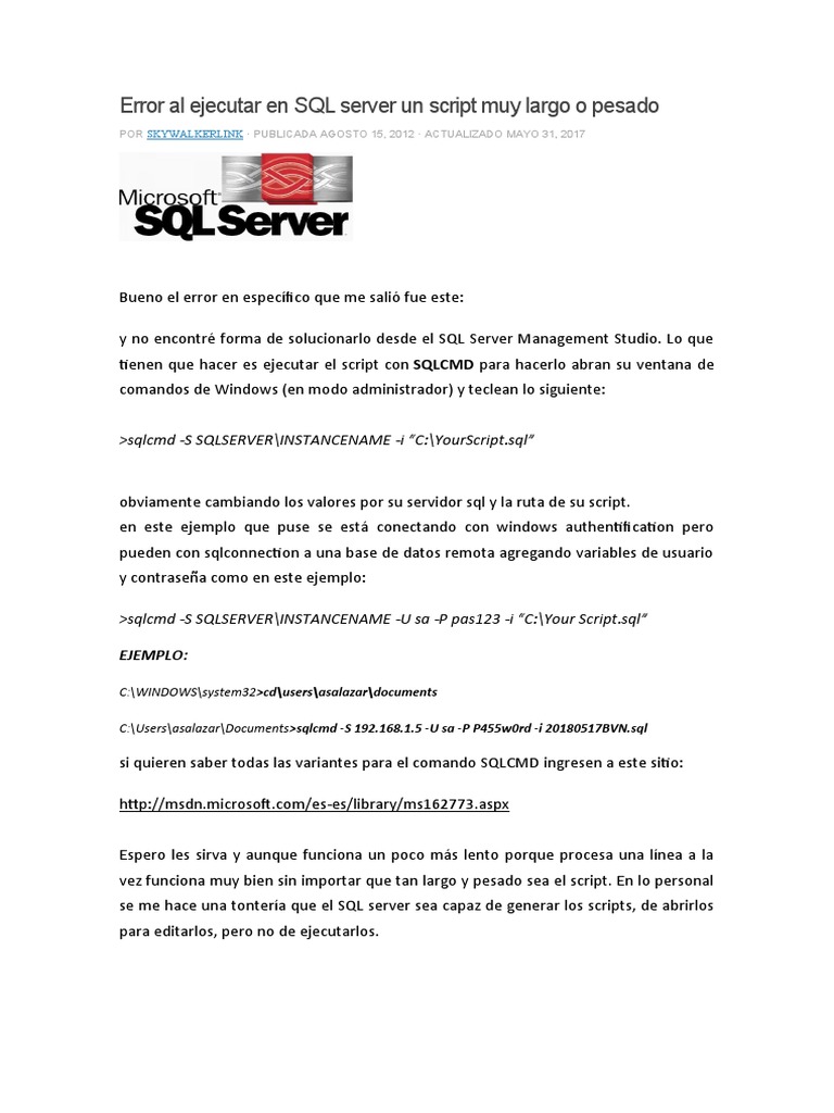 SQL - 1 Error Al Ejecutar en SQL Server Un Script Muy Largo o Pesado | PDF