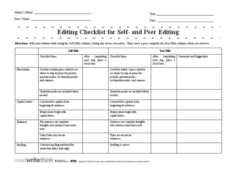 Editing Checklist For Self-And Peer Editing | PDF | Punctuation | Notation