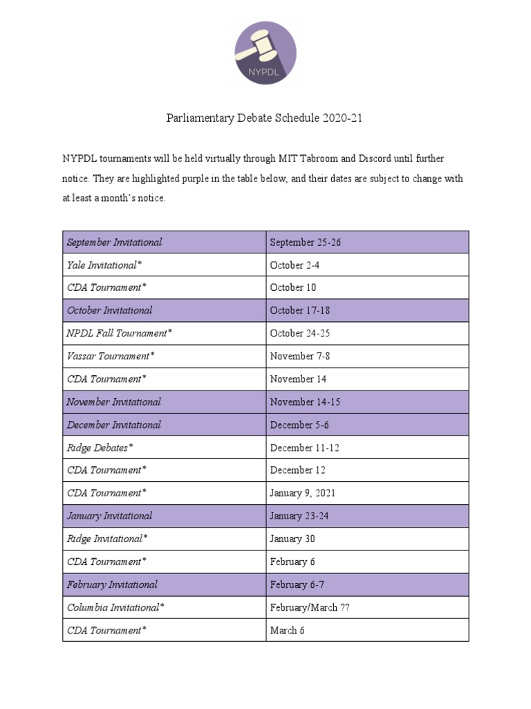 Parliamentary Debate Schedule 2020-21 | PDF | Hobbies | Policy