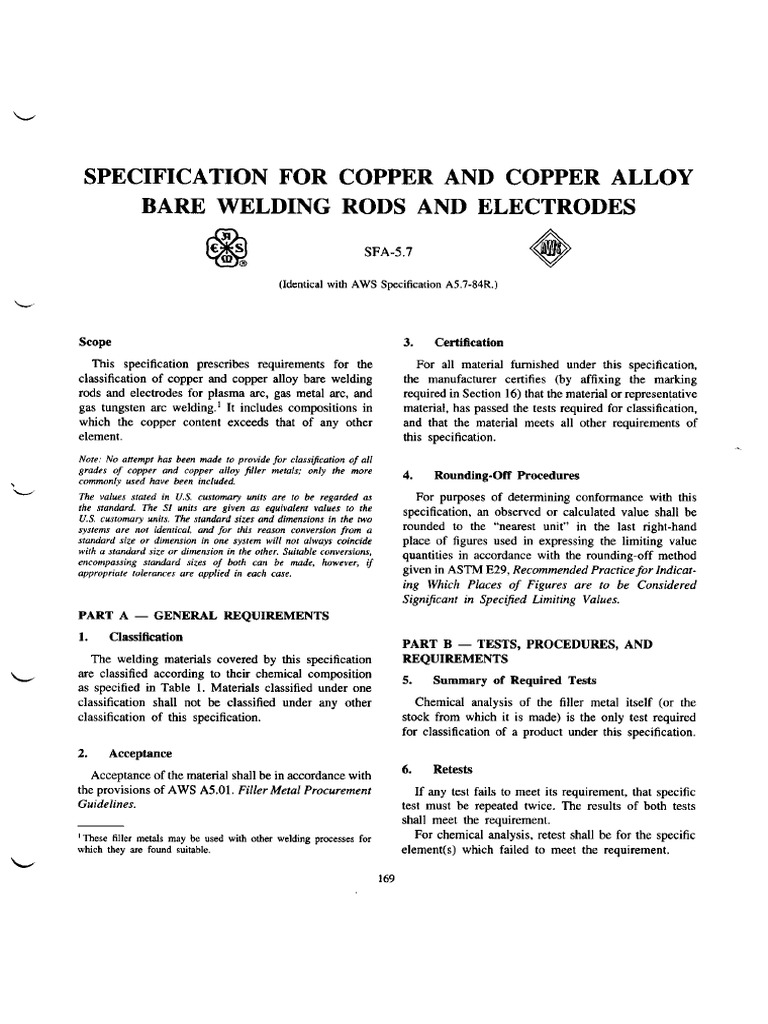 AWS A5.7 (Copper & Copper Alloy Bare Welding Rods Electrodes) | PDF