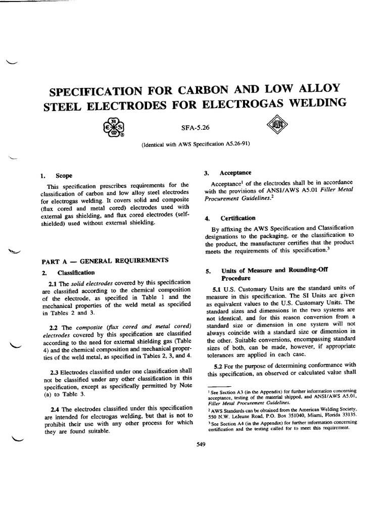 AWS A5.26 (Carbon & Low-Alloy Electrodes For Electrogas Welding) | PDF