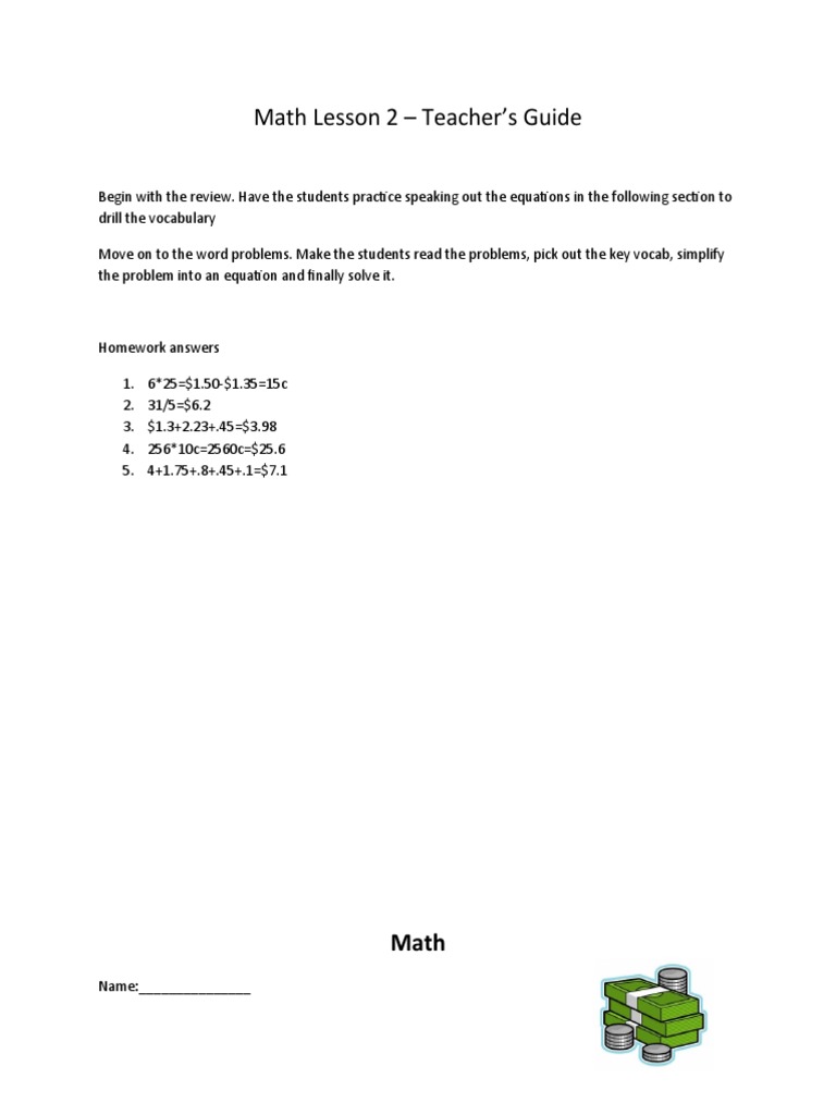 Math Lesson 2 - Teacher's Guide | PDF