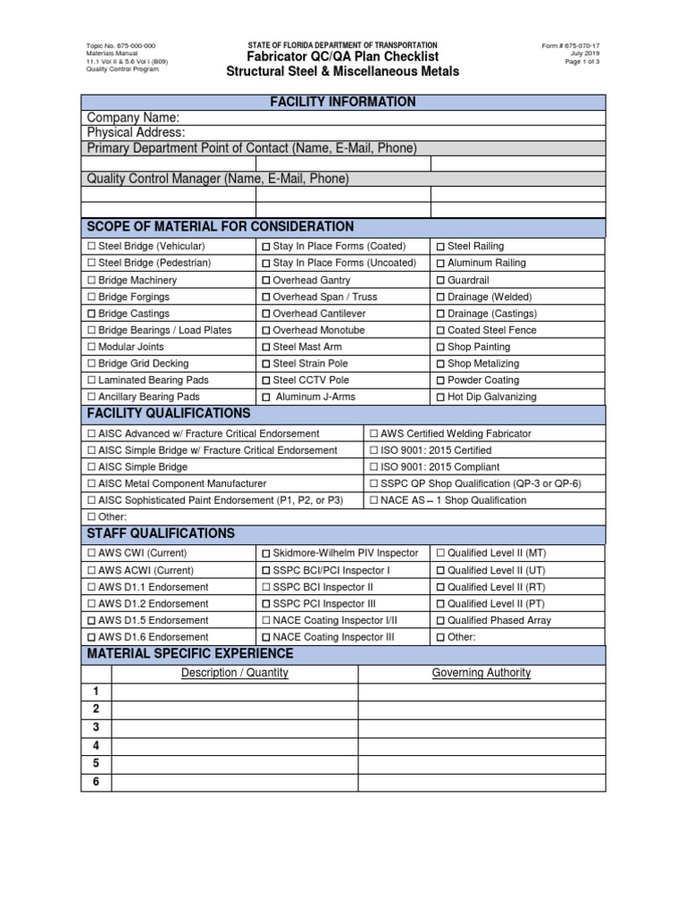 Fabricators QC Qa Plan Checklist Form 675 070 17 | PDF | Business Process