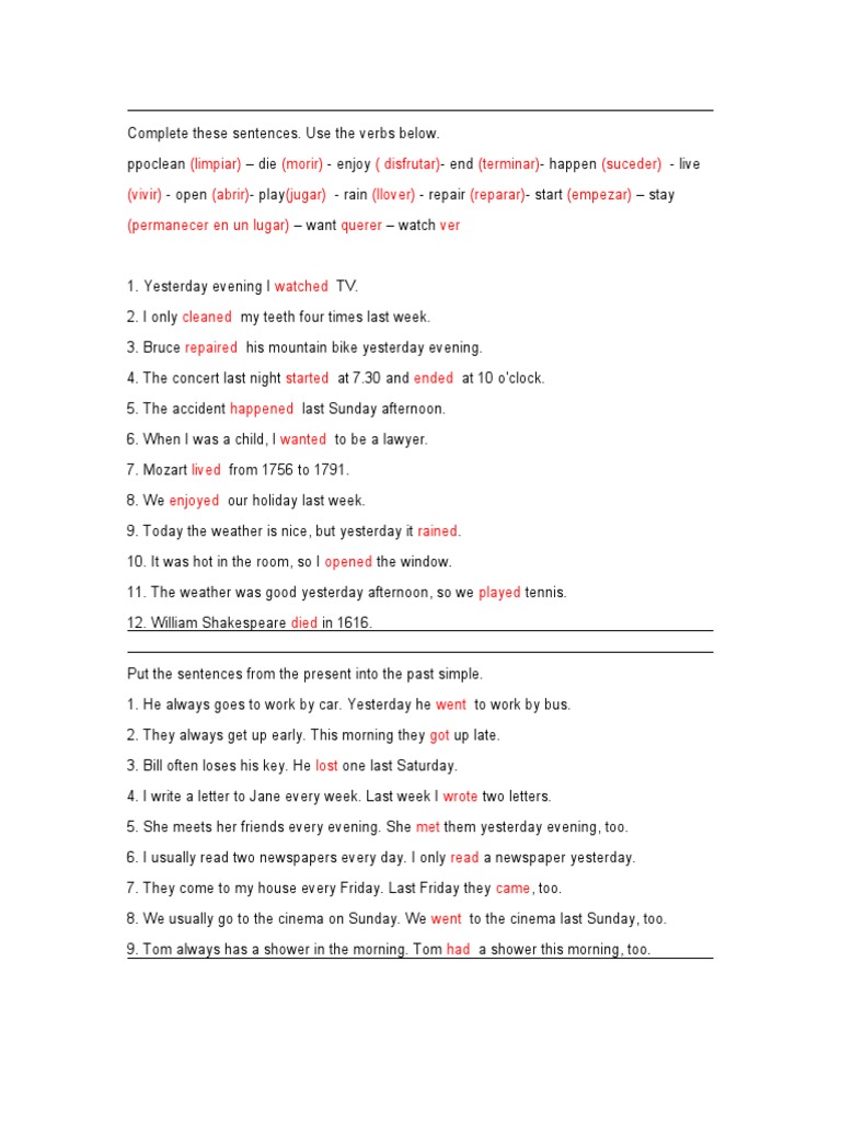 Ejercicios Past Simple Reg Irreg Verbs | PDF