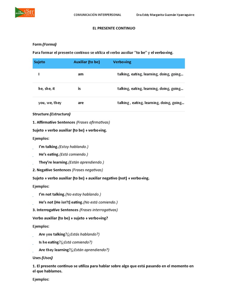 Present Continue | PDF | Conjugación gramatical | Morfología Lingüística