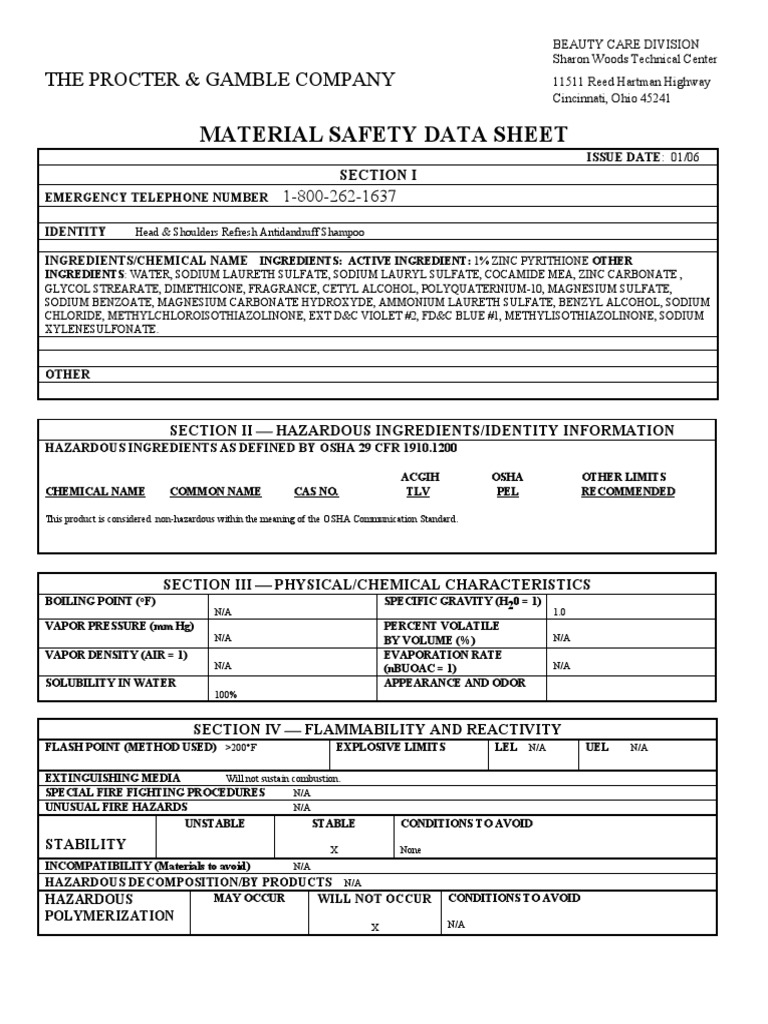 Material Safety Data Sheet: The Procter & Gamble Company | PDF | Occupational Safety And Health ...