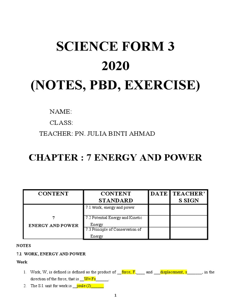 Science Form 3 2020 (Notes, PBD, Exercise) : Chapter: 7 Energy and ...