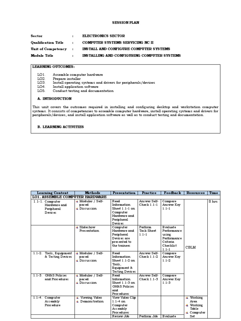 CBLM - 1 - Planning - 2 - L (Session Plan) | PDF | Operating System | Installation (Computer ...