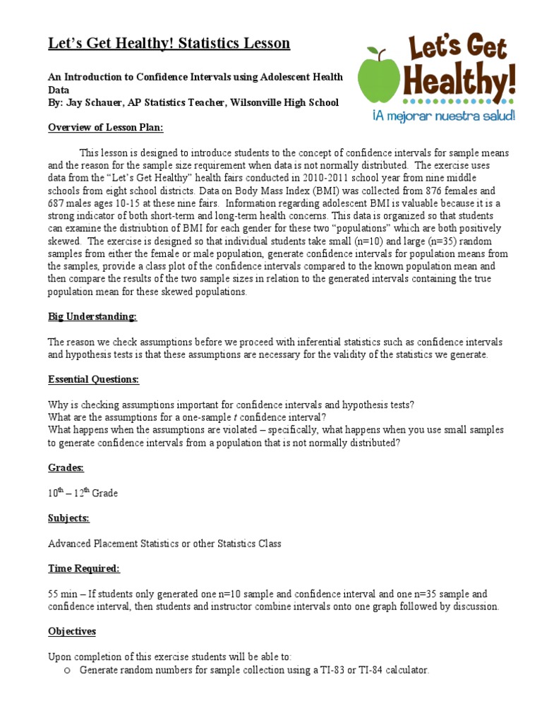 Let's Get Healthy! Statistics Lesson | PDF | Confidence Interval ...