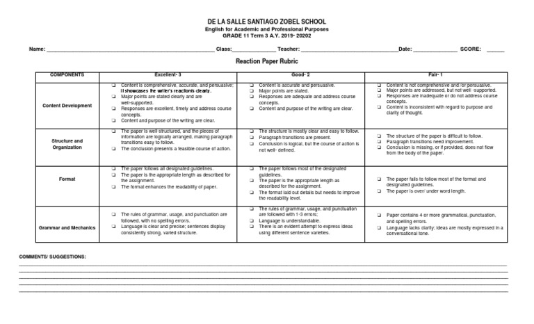EAPP2019 - Reaction Paper Rubric PDF | PDF | Rubric (Academic) | Grammar EAPP2019 - Reaction Paper Rubric PDF | PDF | Rubric (Academic) | Grammar