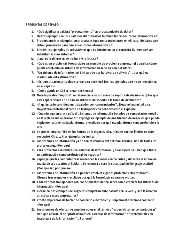 Preguntas de Repaso | PDF | Sistema de informacion | Información