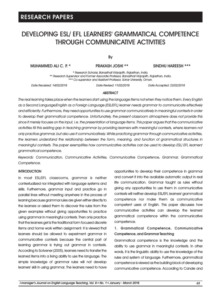 Grammatical Competence Activities | PDF | English As A Second Or ...