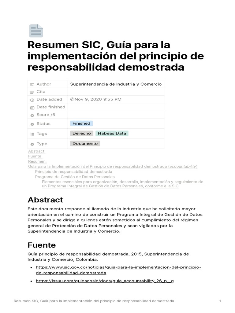 Resumen SIC Gua para La Implementacin Del Principio de Responsabilidad Demostrada (Colombia ...
