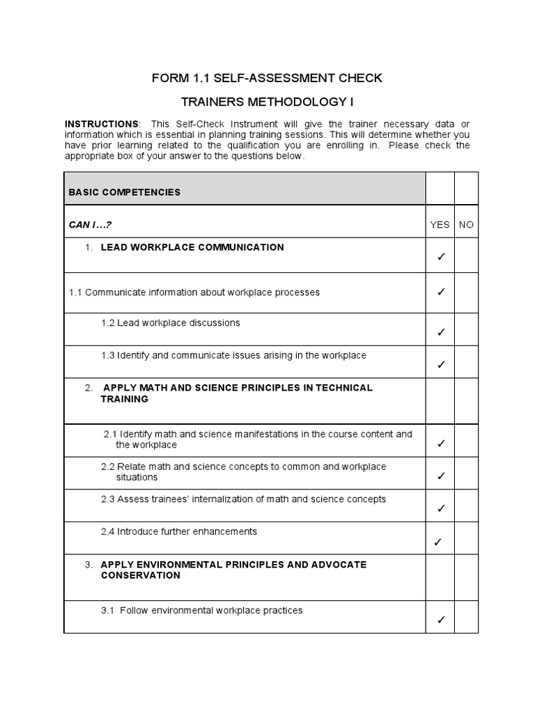 Form 1.1 Self-Assessment Check Trainers Methodology I | PDF | Occupational Safety And Health ...