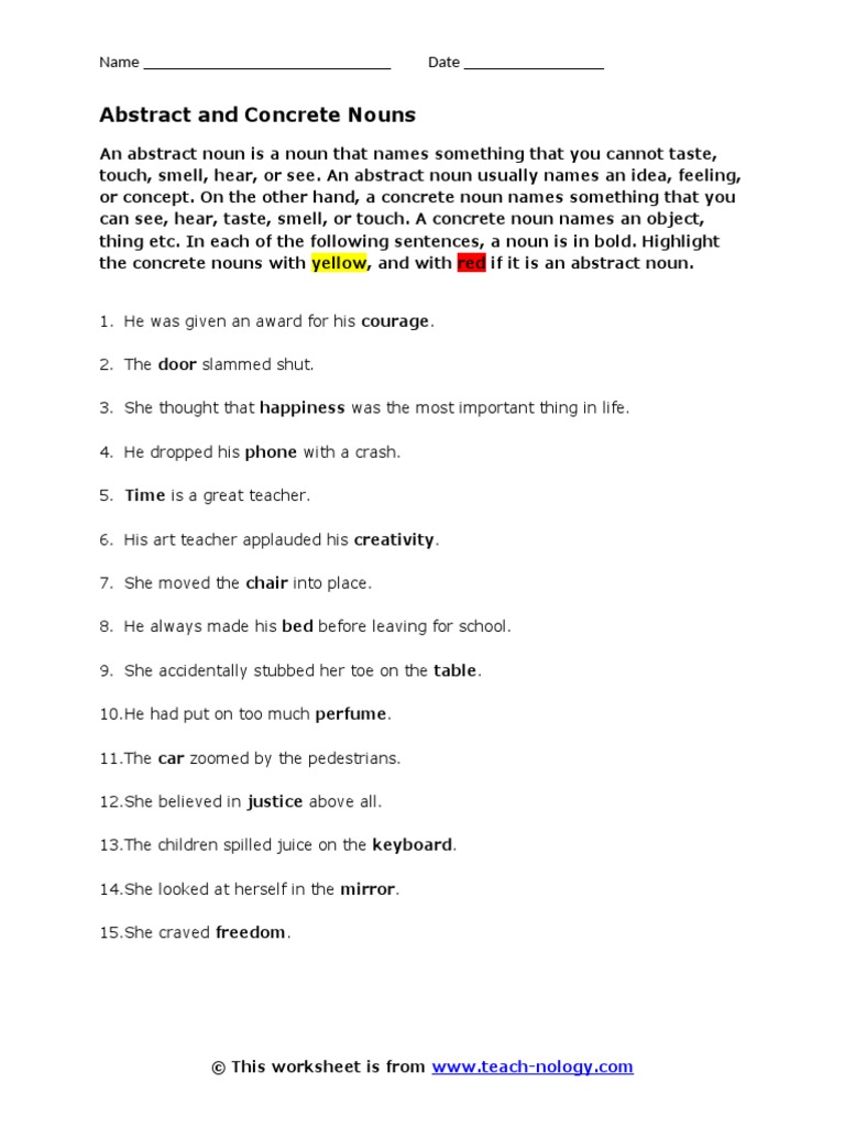 Concrete and Abstract Nouns Worksheet | PDF