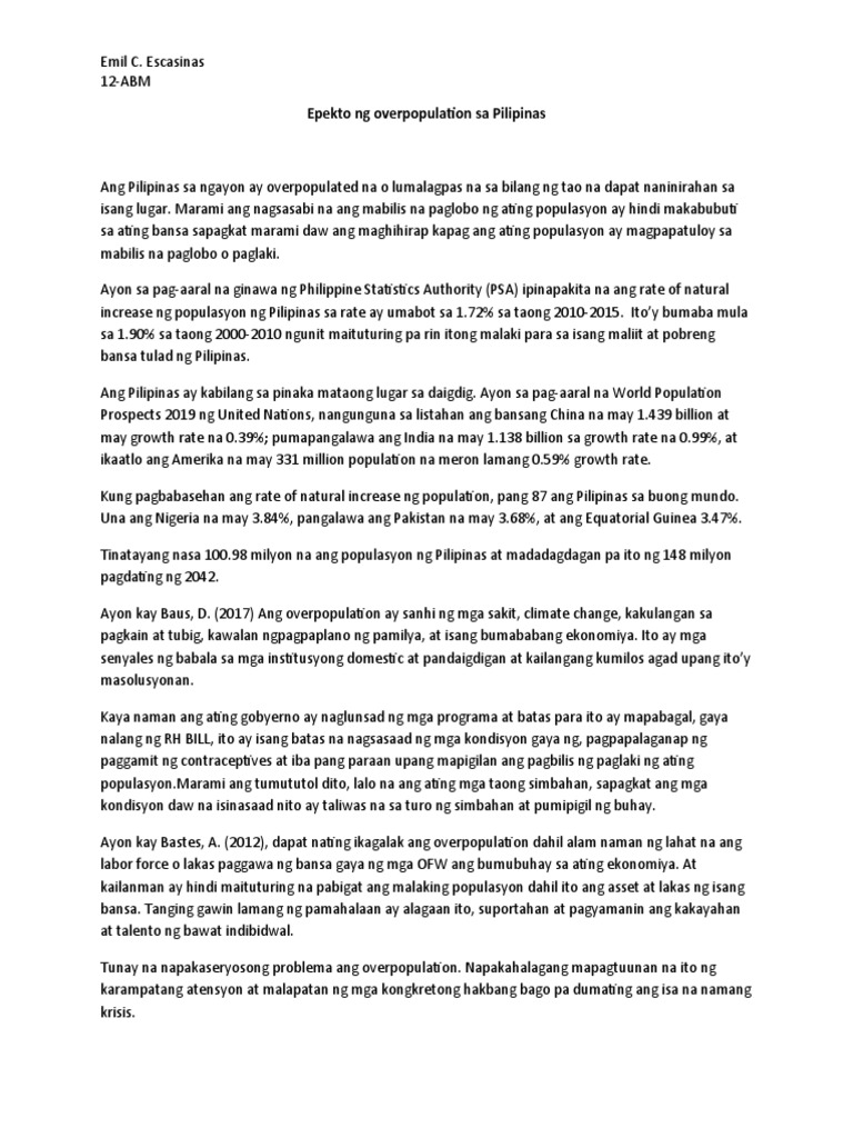 Epekto NG Overpopulation Sa Pilipinas | PDF