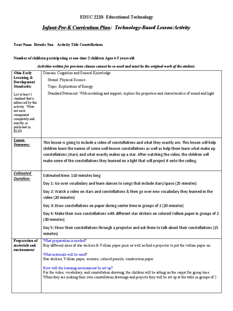 Infant-Pre-K Curriculum Plan: Technology-Based Lesson/Activity | PDF | Learning | Cognition