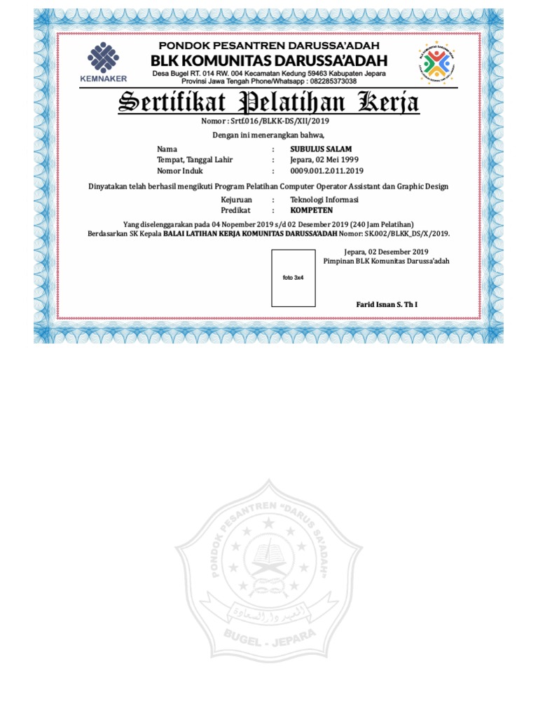 Contoh Sertifikat Pelatihan BLK | PDF