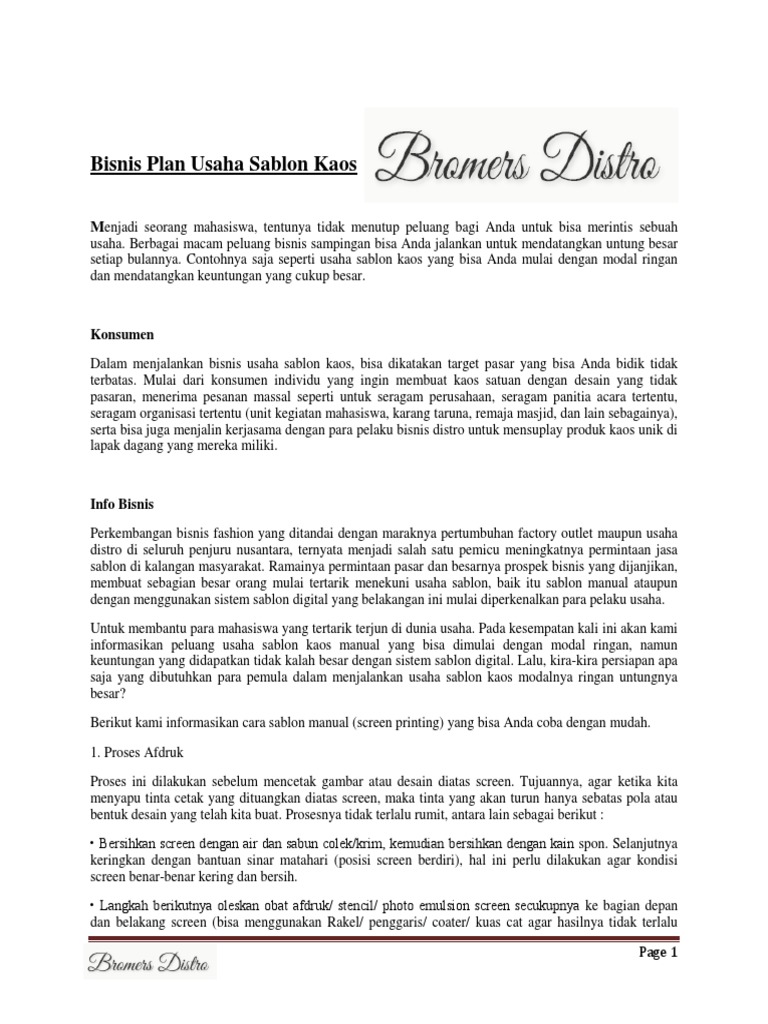 Bisnis Plan Usaha Sablon Kaos PDF | PDF | Karier & Perkembangan | Bisnis