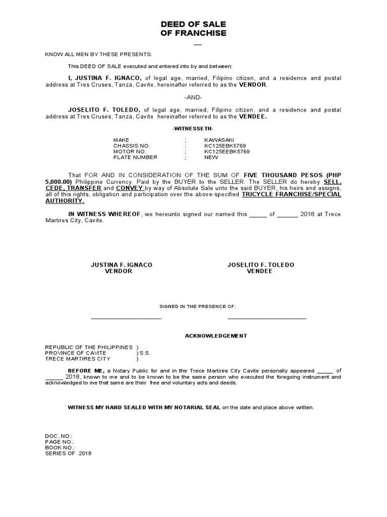 Deed of Sale (Franchise) - Ignaco | PDF