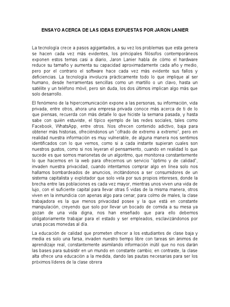 Ensayo Acerca de Las Ideas Expuestas Por Jaron Lanier | PDF | Internet | Información