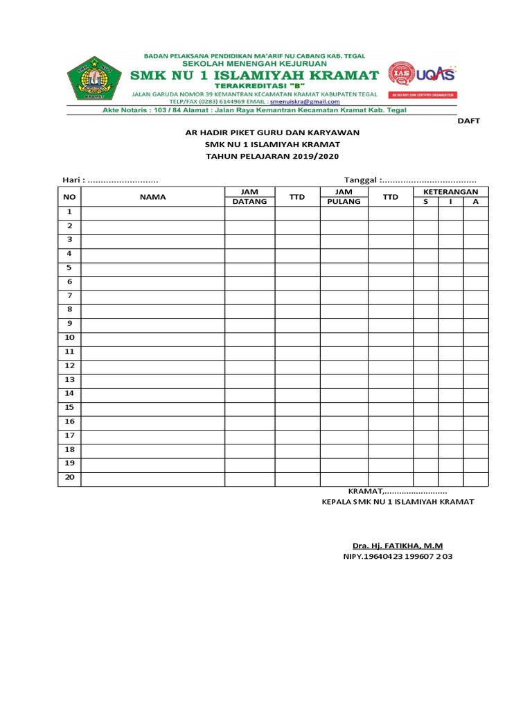 Daftar Kehadiran Piket SMK NU 1 Kramat | PDF