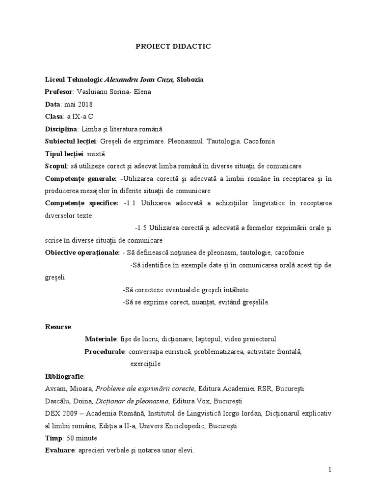 Proiect Didactic | PDF