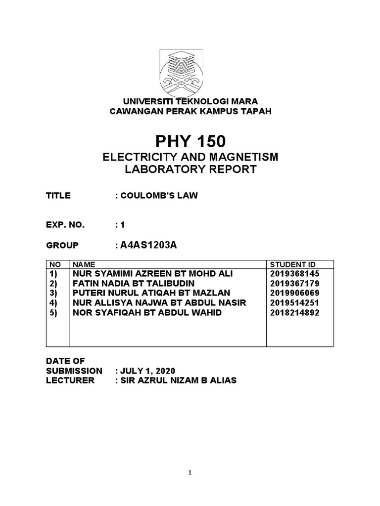 Full Lab Report Coulombs Law Phy 150 | PDF | Electric Charge | Force