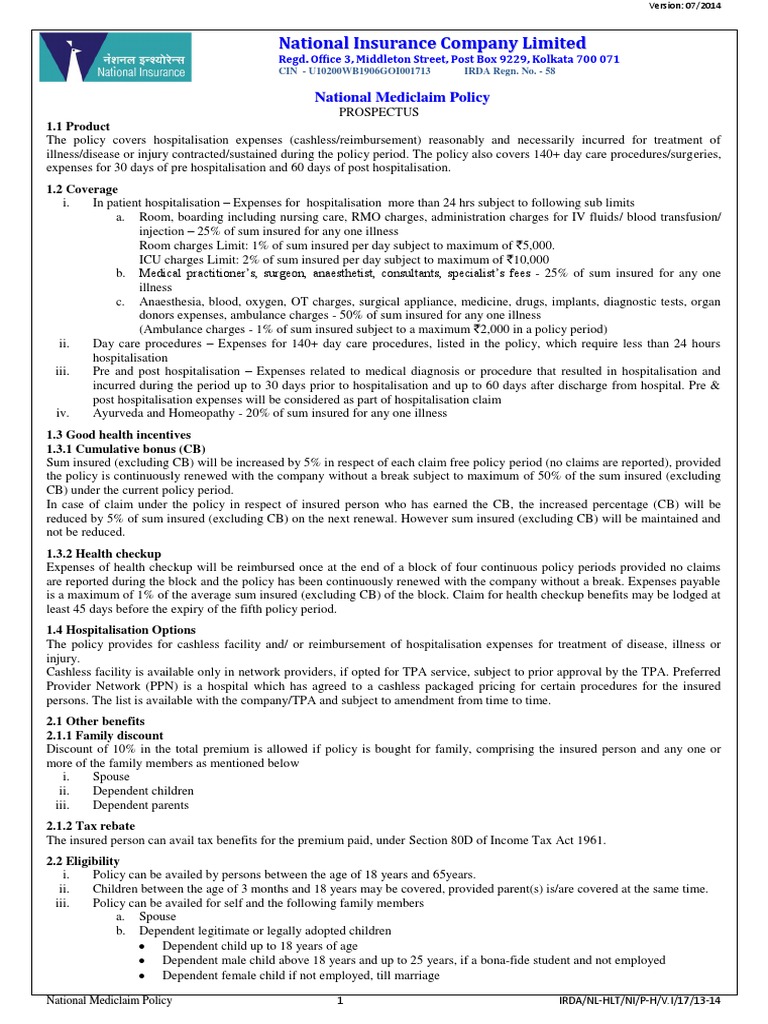 National Mediclaim Policy Prospectus | PDF | Insurance | Medical ...