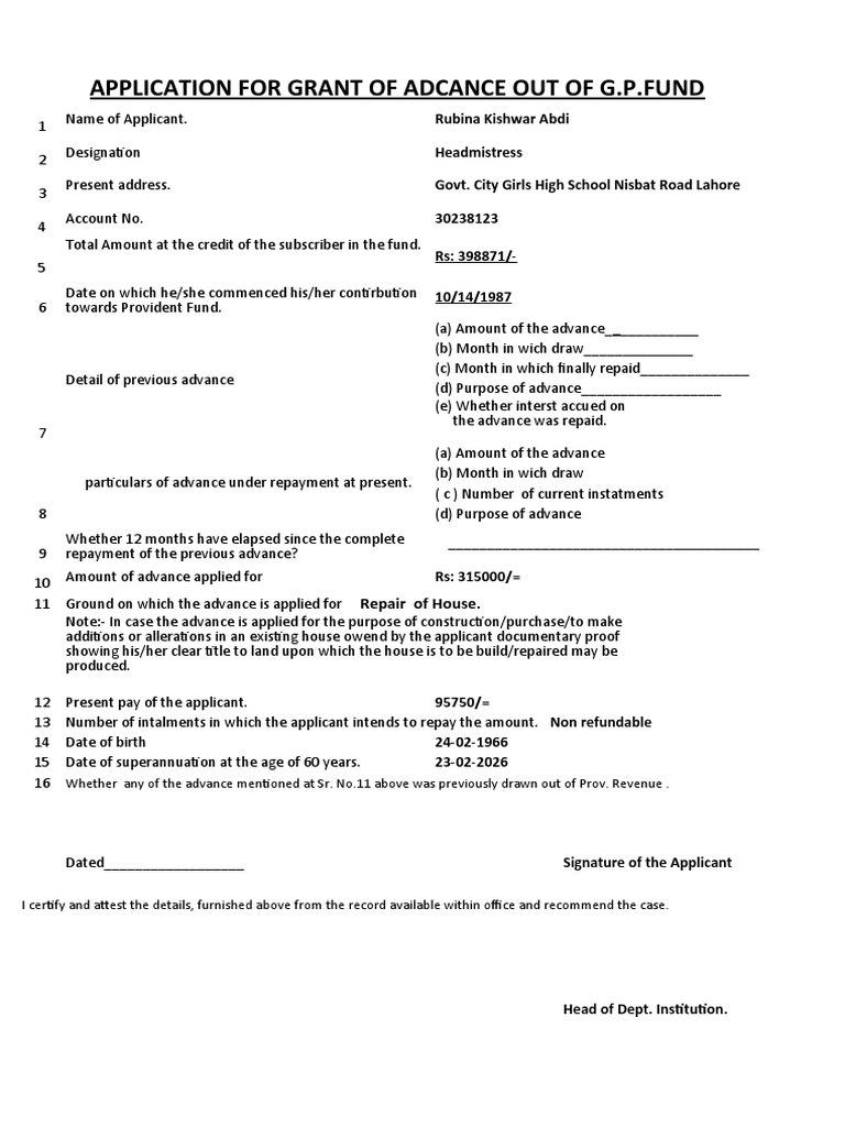 Application G.P Fund Advance | PDF | Money | Economies