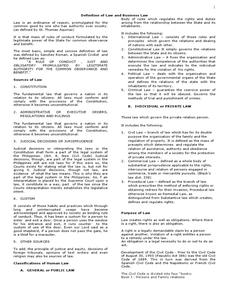 Definition of Law and Business Law: The Civil Code Is Divided Into Four ...