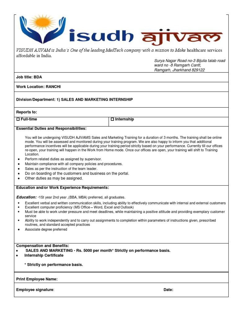 Job Description Sales And Marketing Internship Pdf Pdf Employment