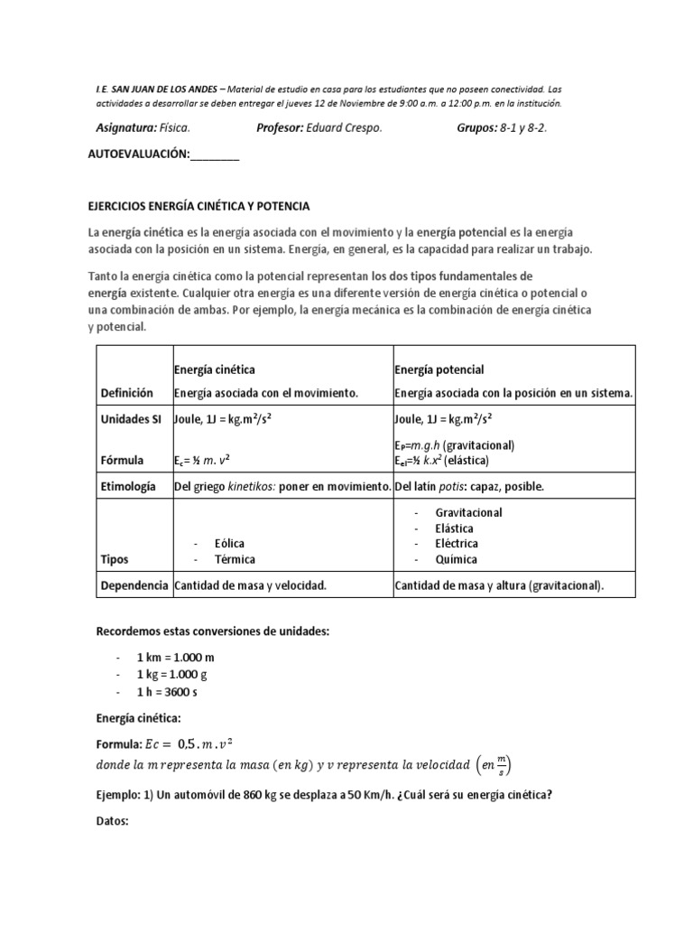 Ejercicios de Energía Cinética y Potencial | PDF | Energía cinética ...