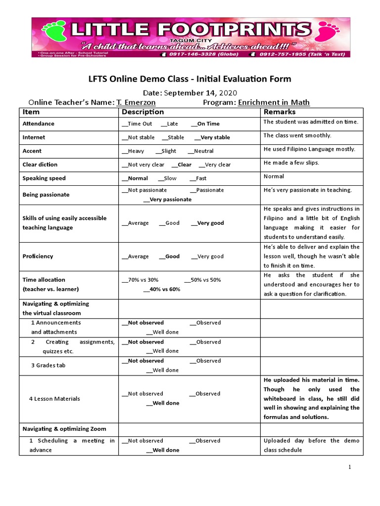 LFTS Online Demo Class - Initial Evaluation Form | PDF | Pedagogy ...