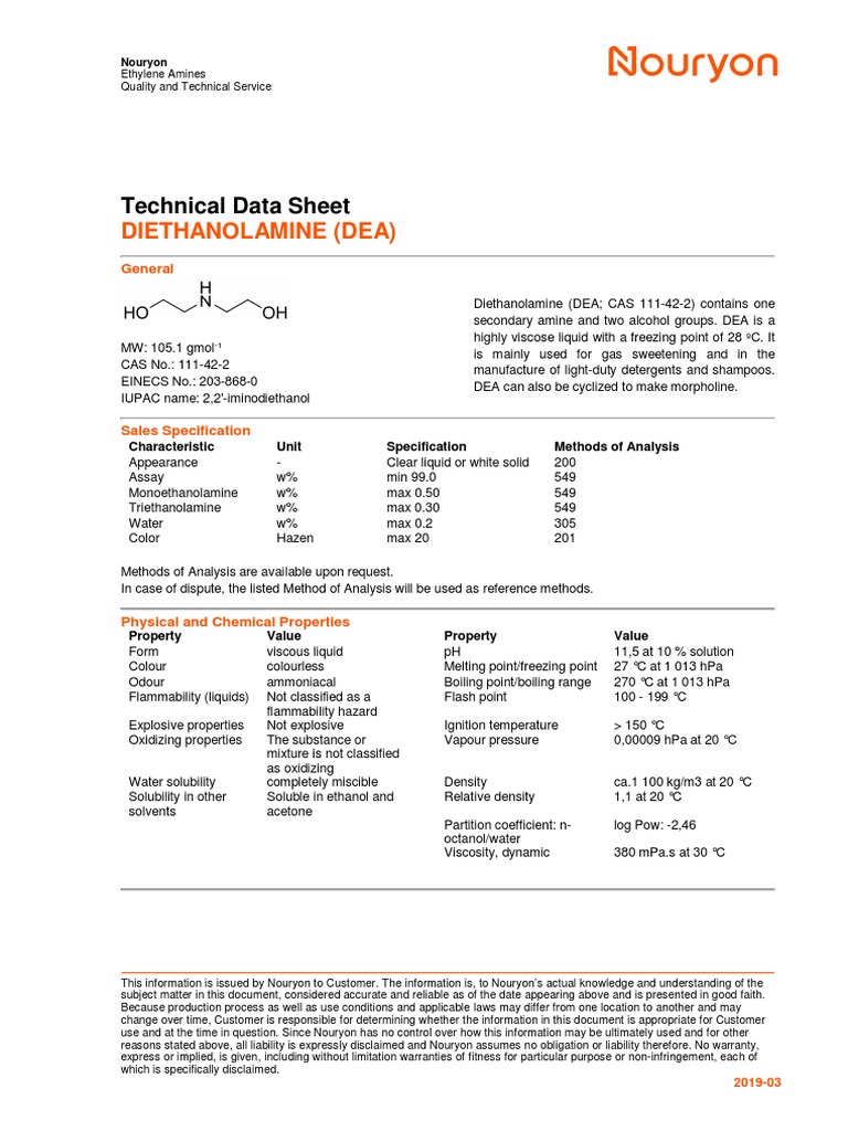 Technical Data Sheet: Diethanolamine (Dea) | PDF | Melting Point | Liquids