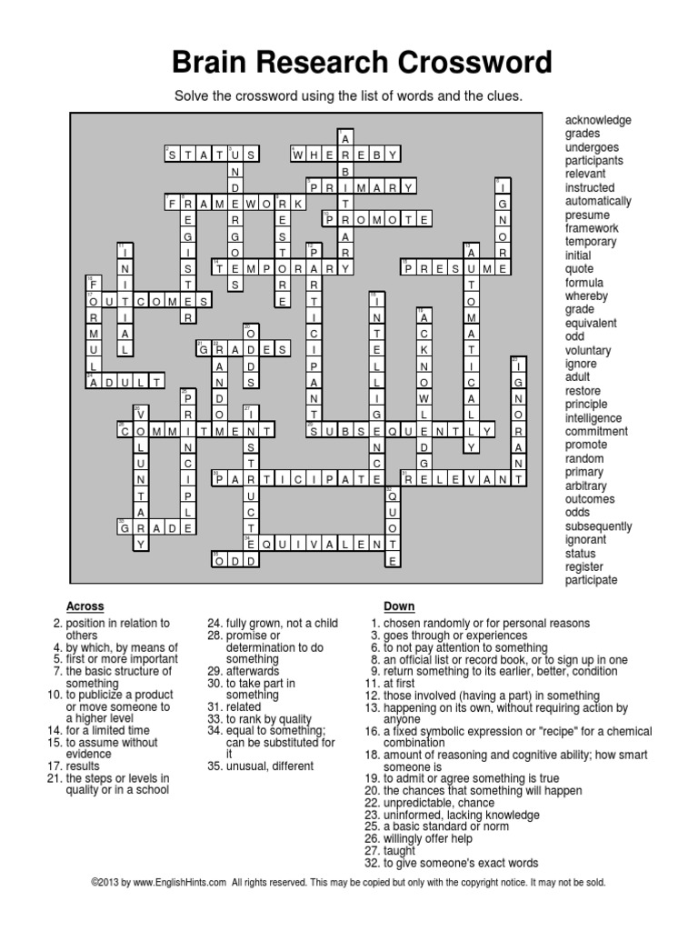Brain Research XWD Answers | PDF | Crossword | Neuroscience